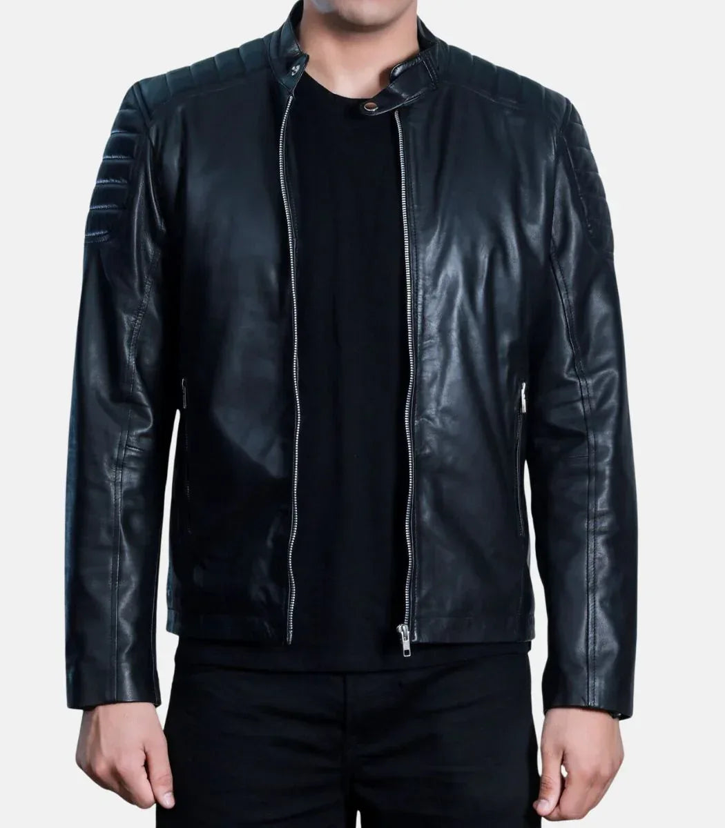 Black leather flight jacket with zip closure – Boho Living Room