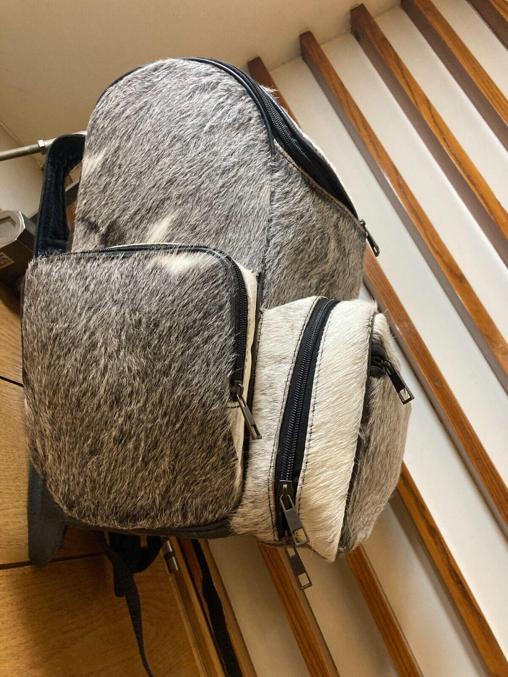 Cow Skin Travel Backpack Grey White – Boho Living Room