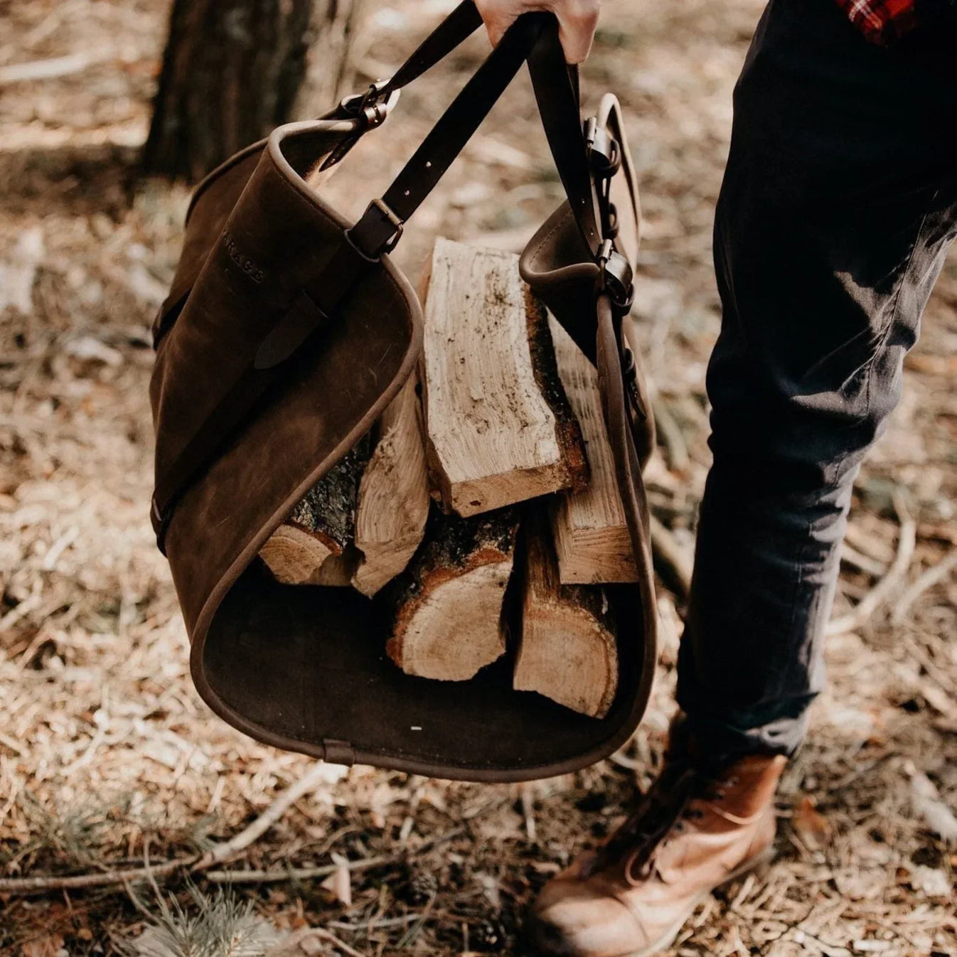 Leather wood carrier Leather log holder – Boho Living Room