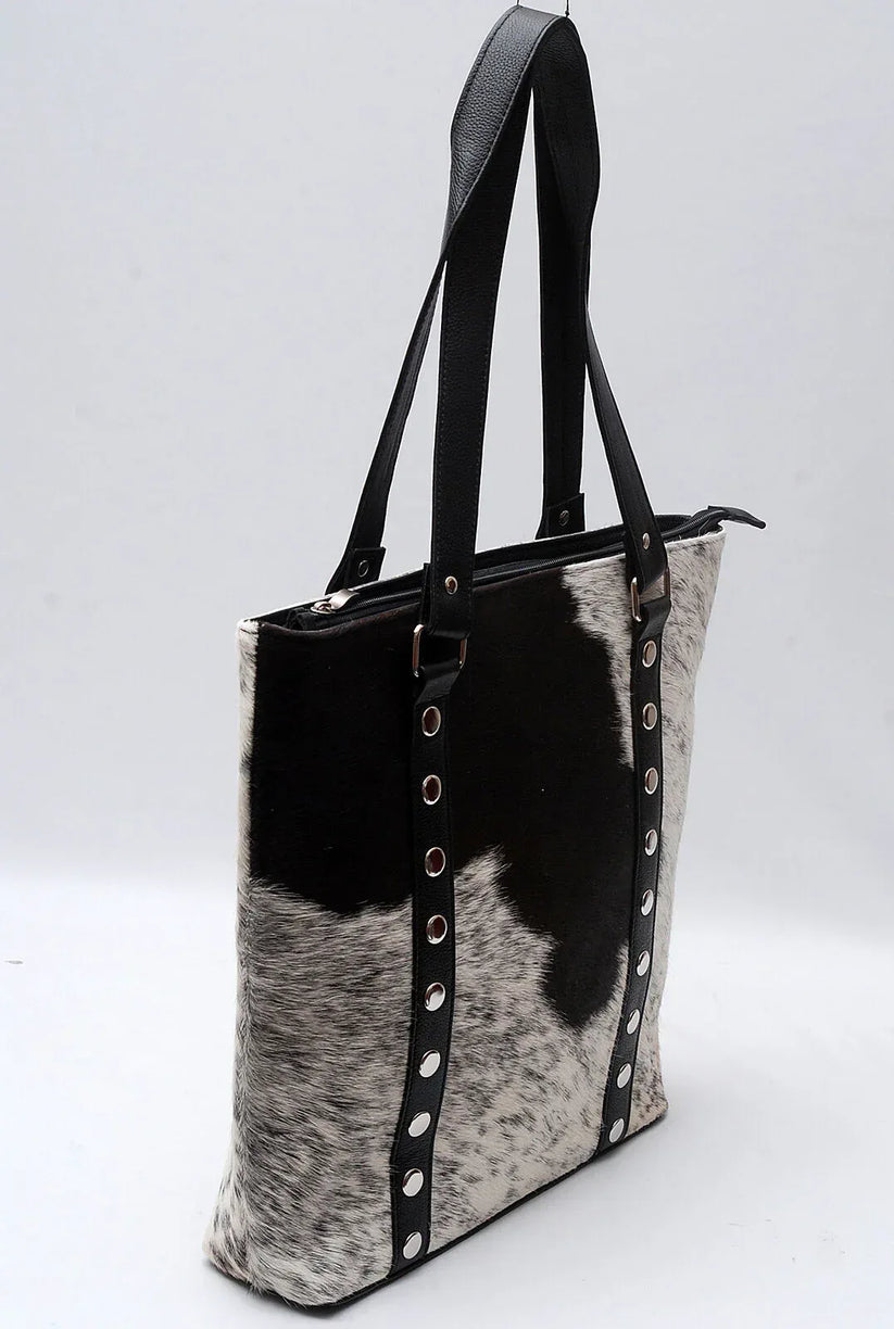 Large Cowhide Tote Bag Black White – Boho Living Room