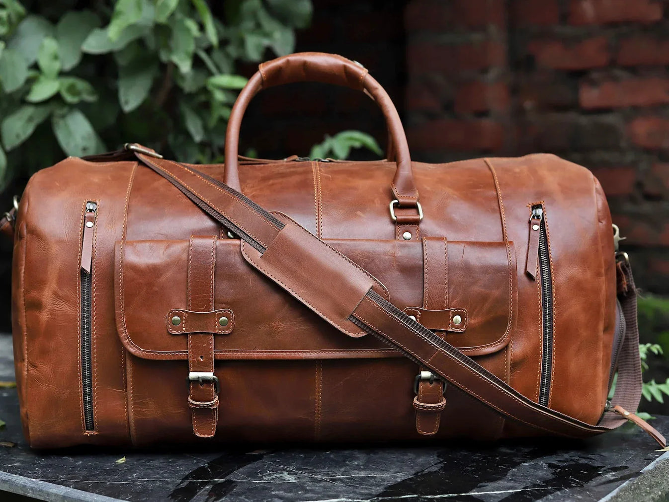 Genuine Brown Leather Duffle Weekender Bag – Boho Living Room