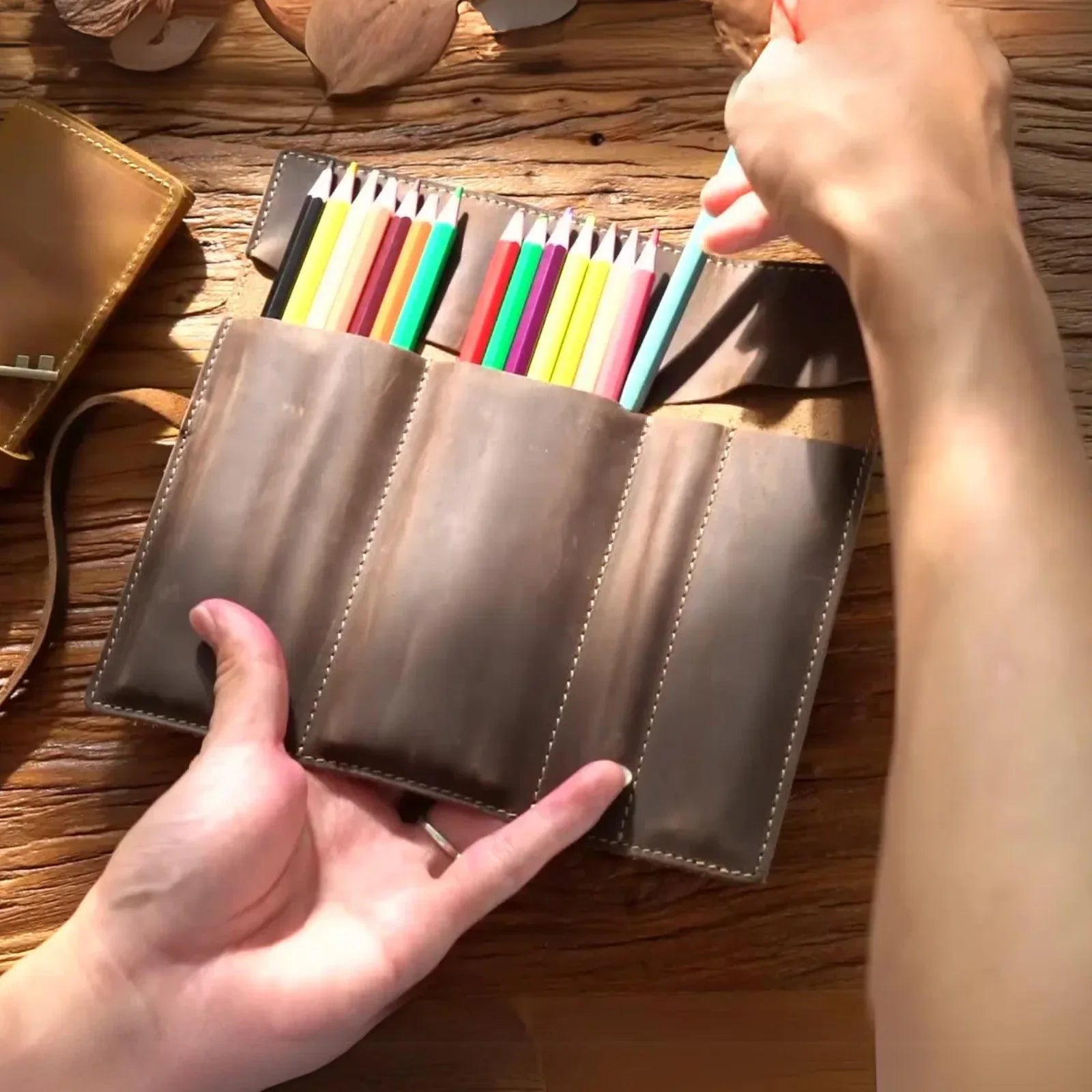Genuine Leather Pencil Roll Pen Carrier – Boho Living Room