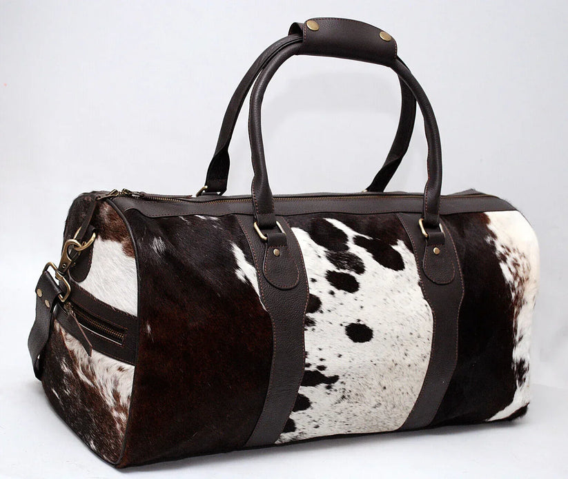 Cow Skin Duffle Bag Dark Brown Black White – Boho Living Room