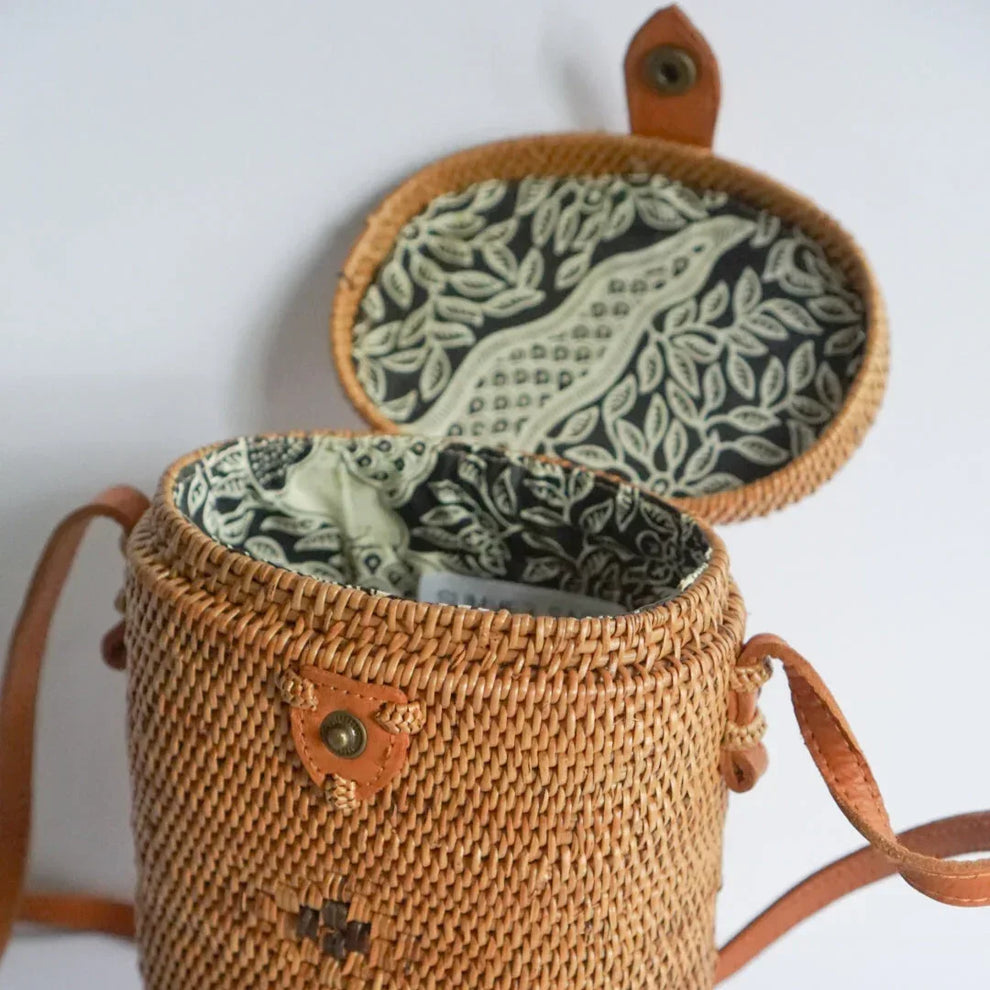 Natural Rattan Sling Bucket Bag – Boho Living Room