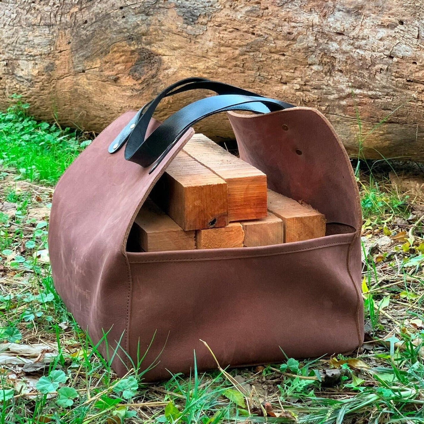 Genuine Leather Bag Firewood Carrier Log Holder – Boho Living Room