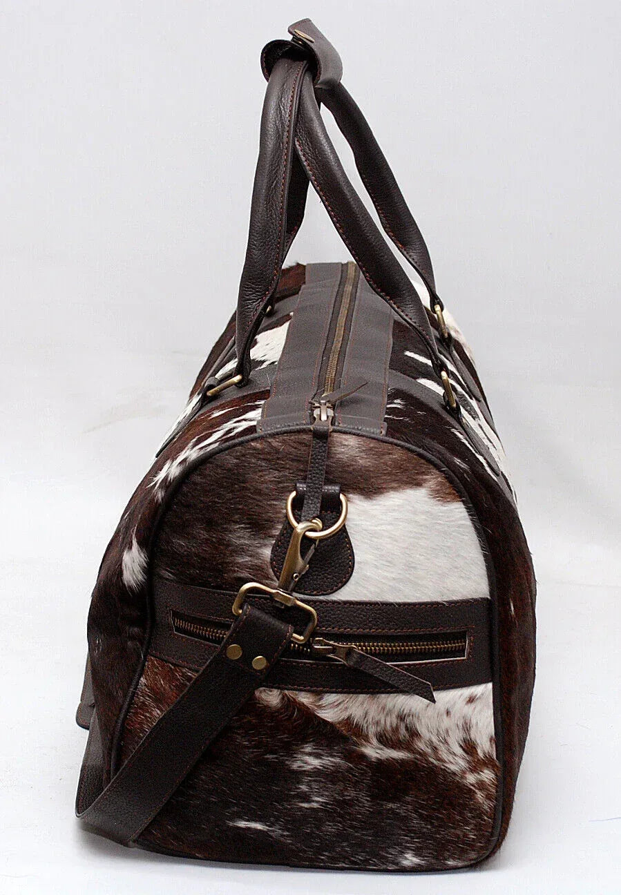 Cow Skin Duffle Bag Dark Brown Black White – Boho Living Room