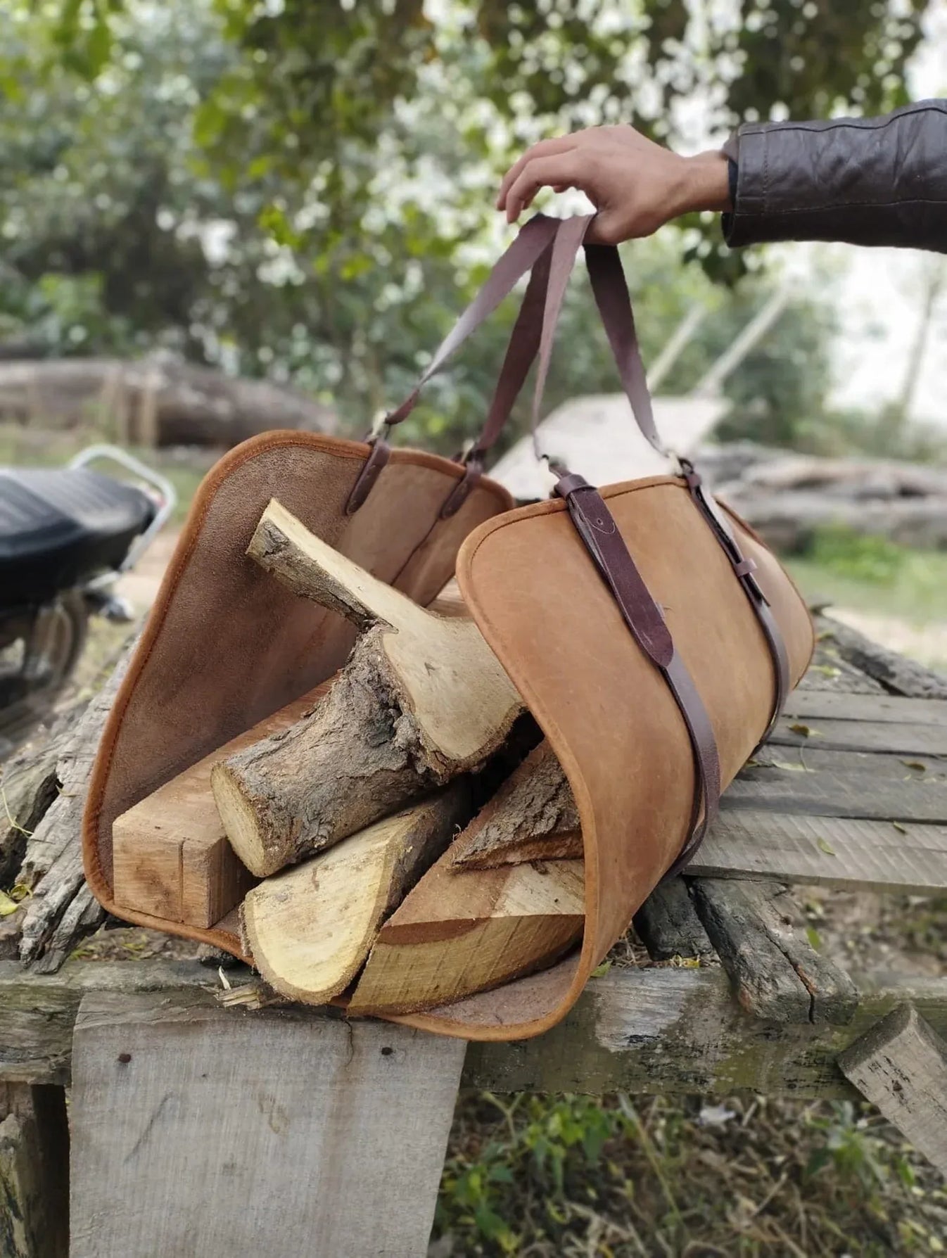 Genuine Leather firewood log carrier – Boho Living Room