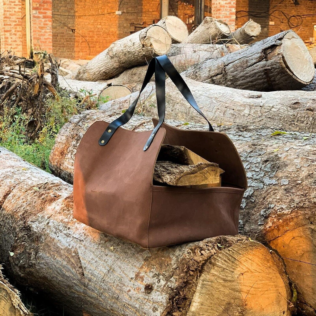 Genuine Leather Bag Firewood Carrier Log Holder – Boho Living Room
