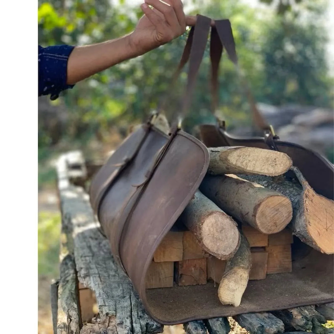 Genuine Leather firewood log carrier – Boho Living Room