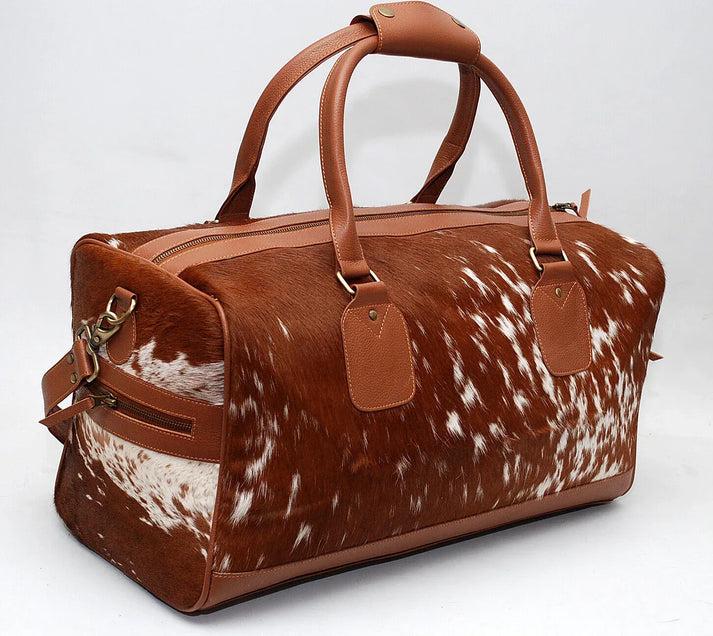 Brown White Cow Skin Weekender Bag – Boho Living Room