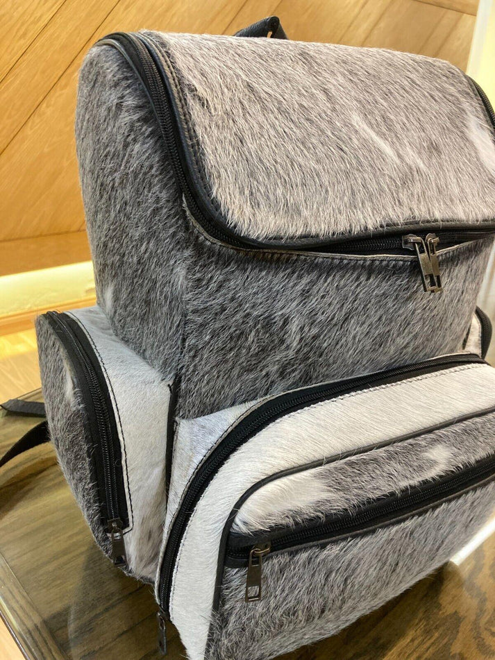 Cow Skin Travel Backpack Grey White – Boho Living Room