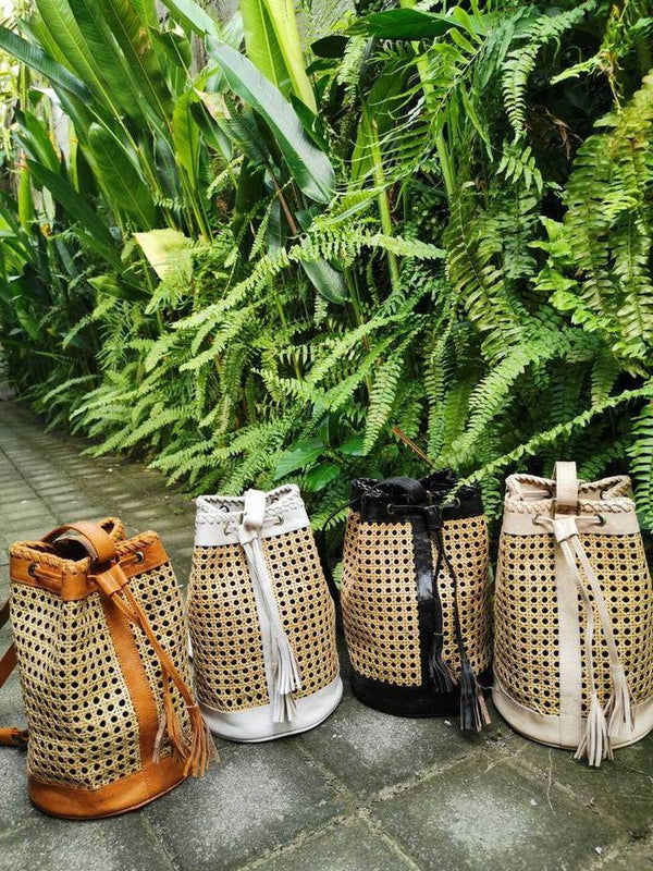 Handmade Rattan Leather Boho Drawstring Backpack Purse – Boho Living Room