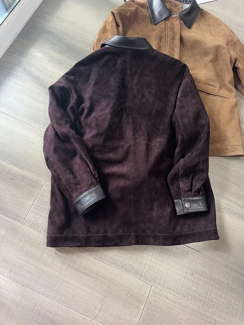 Women’s Goatskin Suede Shirt Jacket with Leather Collar – Boho Living Room