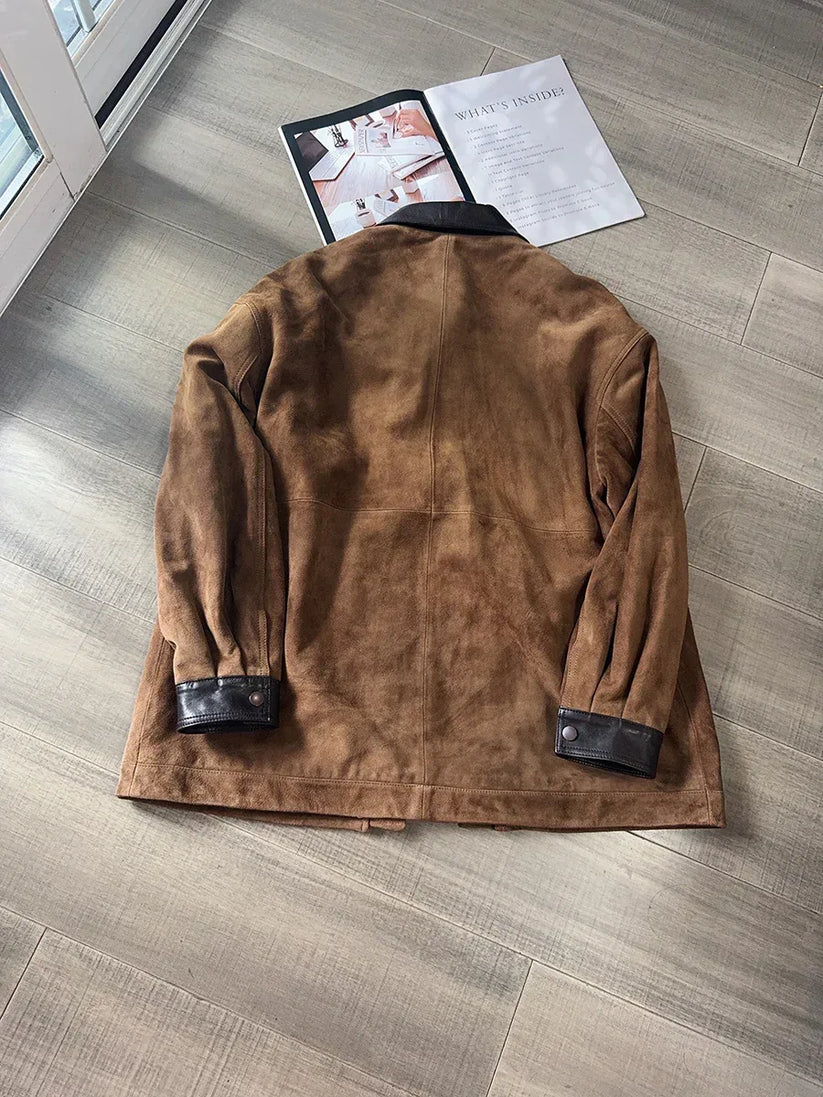 Women’s Goatskin Suede Shirt Jacket with Leather Collar – Boho Living Room