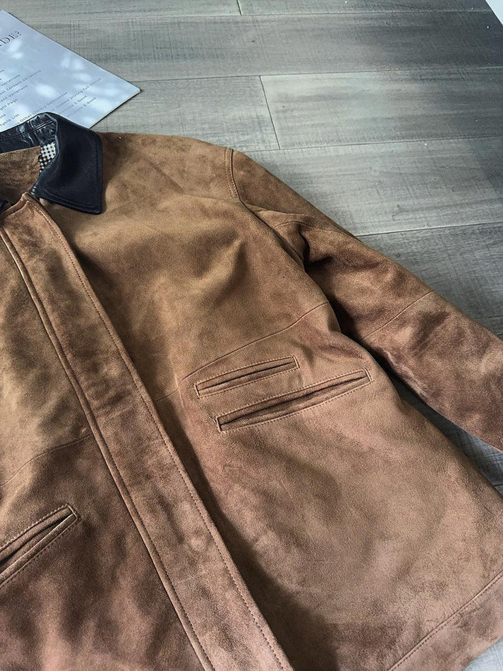 Women’s Goatskin Suede Shirt Jacket with Leather Collar – Boho Living Room