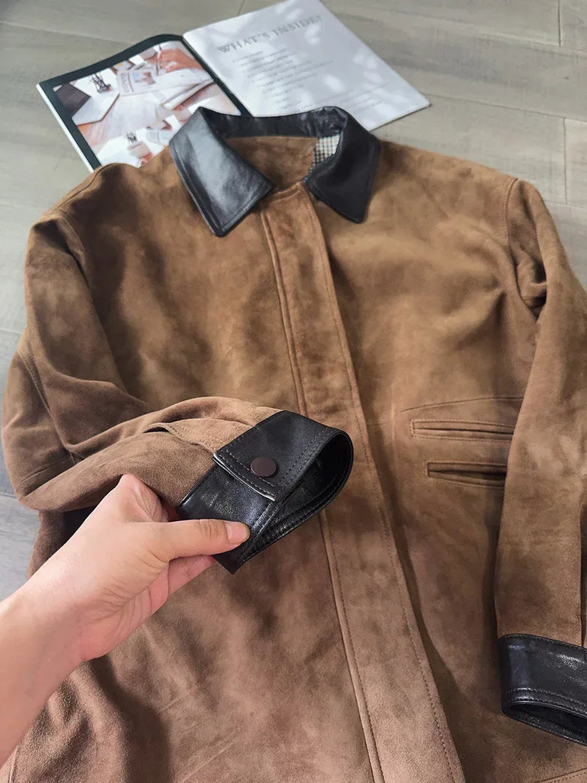 Women’s Goatskin Suede Shirt Jacket with Leather Collar – Boho Living Room