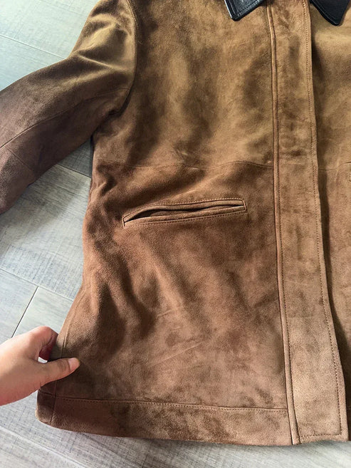 Women’s Goatskin Suede Shirt Jacket with Leather Collar – Boho Living Room