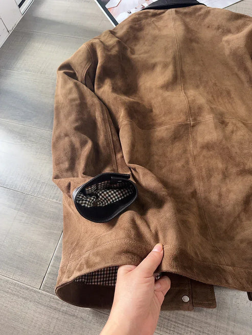 Women’s Goatskin Suede Shirt Jacket with Leather Collar – Boho Living Room