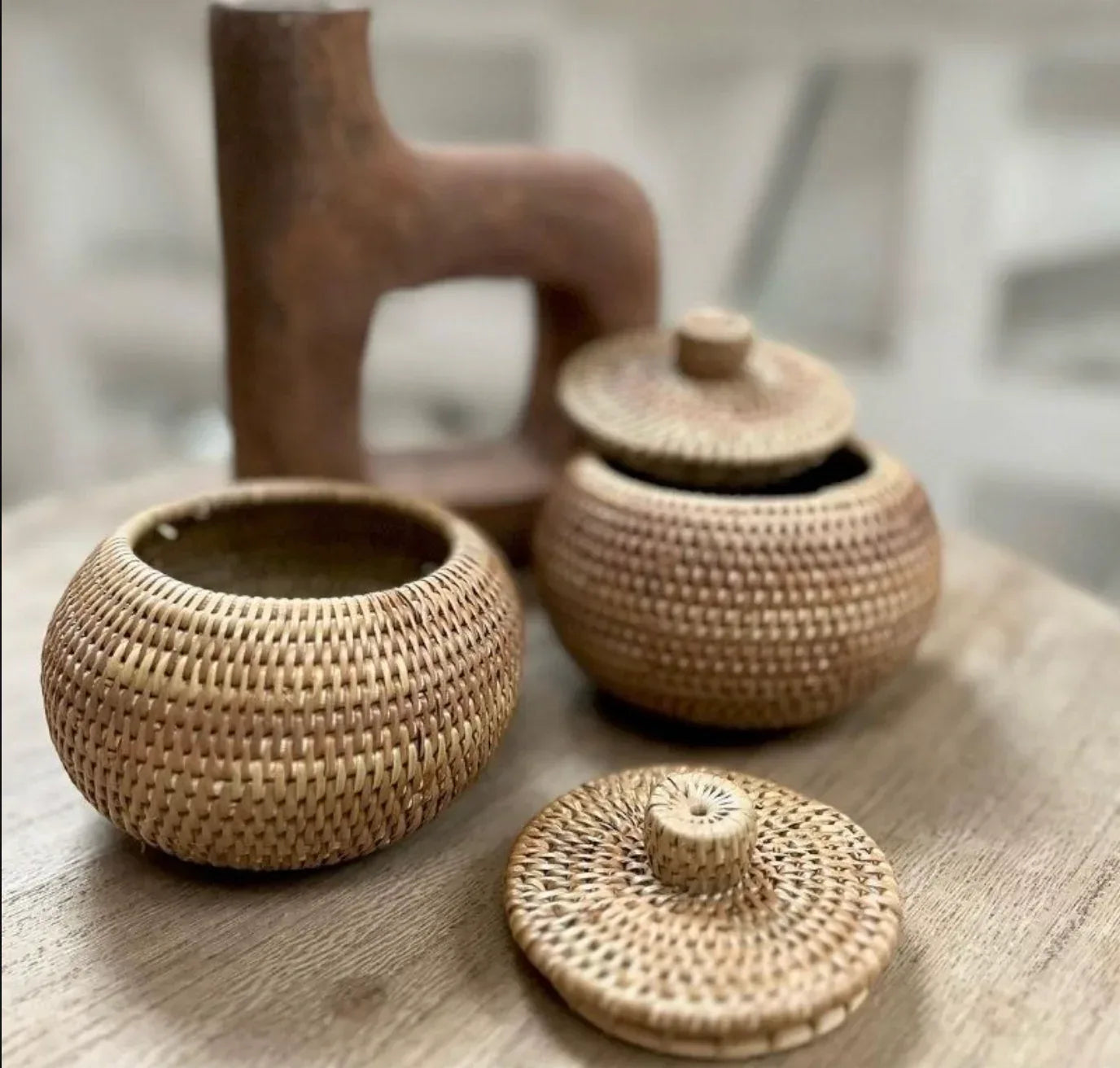 Natural Woven Rattan Jar Container – Boho Living Room