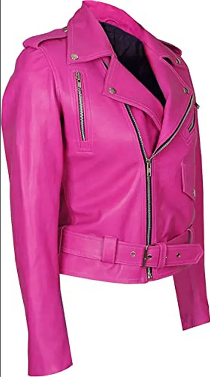 Women's Pink Genuine Leather Biker Motorcycle Jacket – Boho Living Room