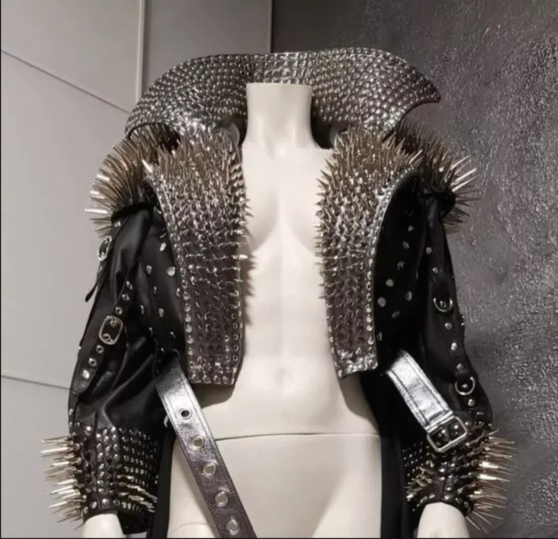 Women's Punk Black Leather Jacket with Silver Spikes and Studs – Boho ...
