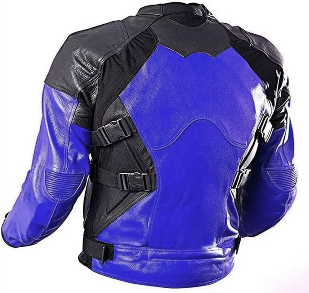 Blue Black Leather Motorcycle Racing Jacket – Boho Living Room