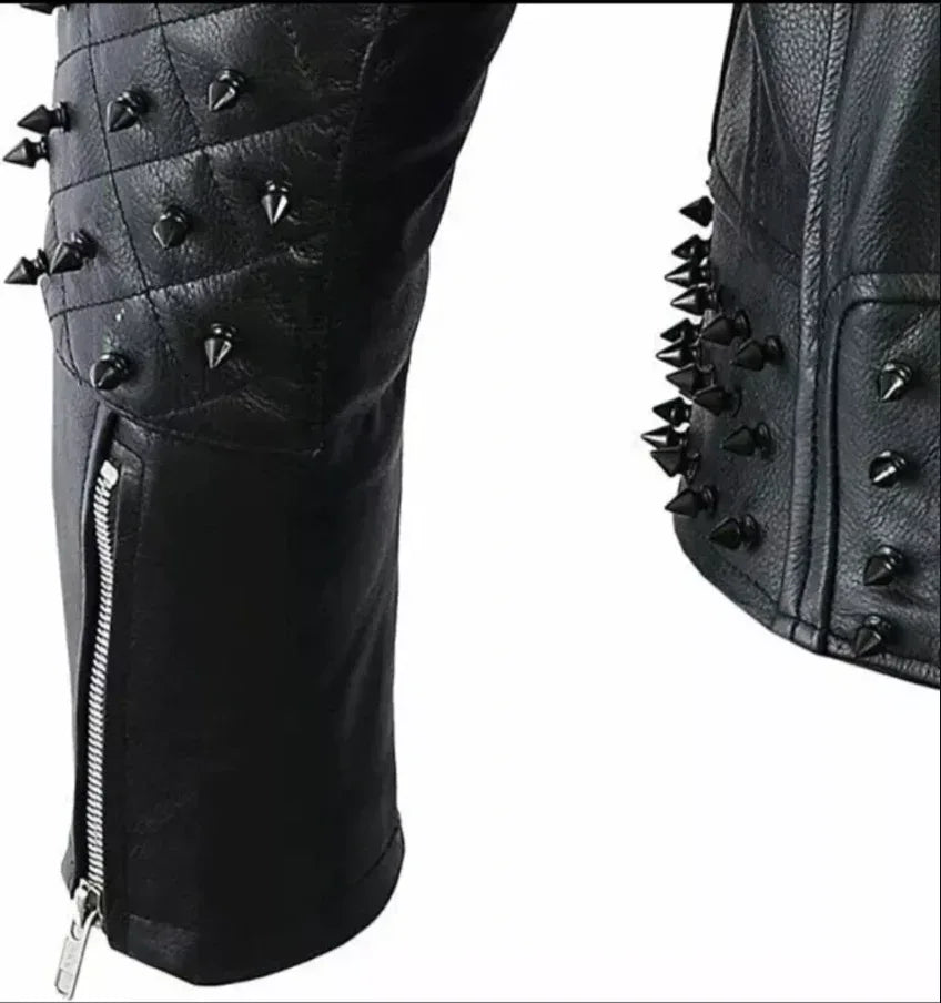 Men's Black Leather Motorcycle Jacket With Metal Spikes – Boho Living Room