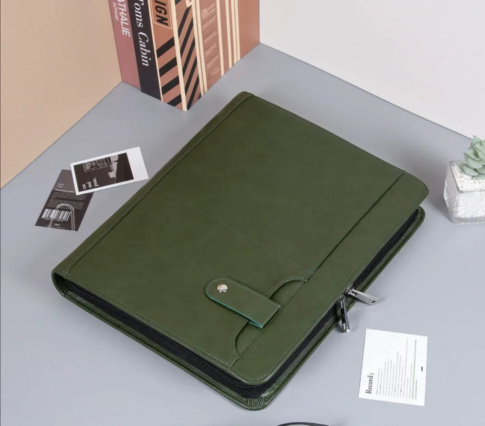 Dark Green Leather Portfolio Case with Zipper – Boho Living Room