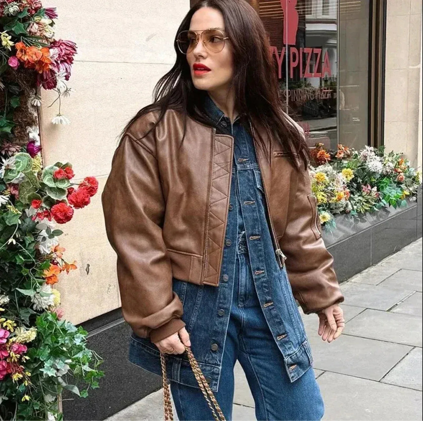 Oversized Brown Faux Leather Bomber Jacket for Women – Boho Living Room