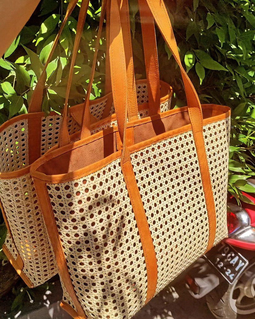 Classic Rattan Leather Tote Bag – Boho Living Room
