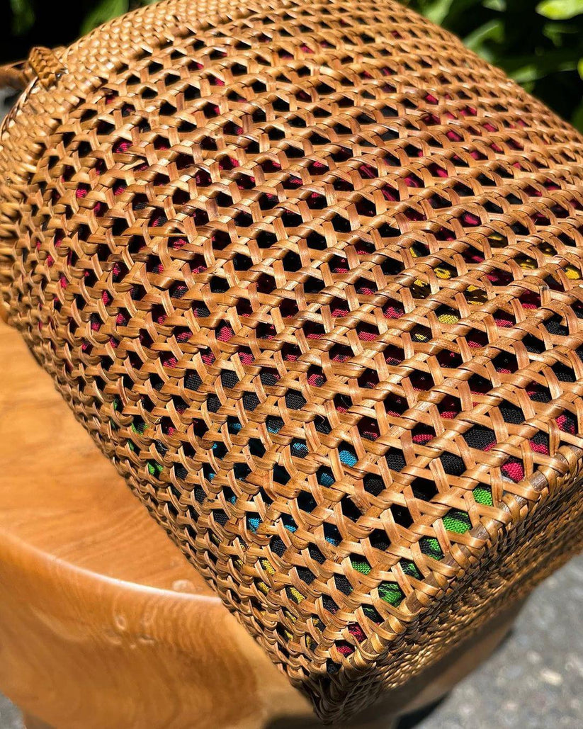 Handmade Rattan Bucket Bag with Batik Lining – Boho Living Room