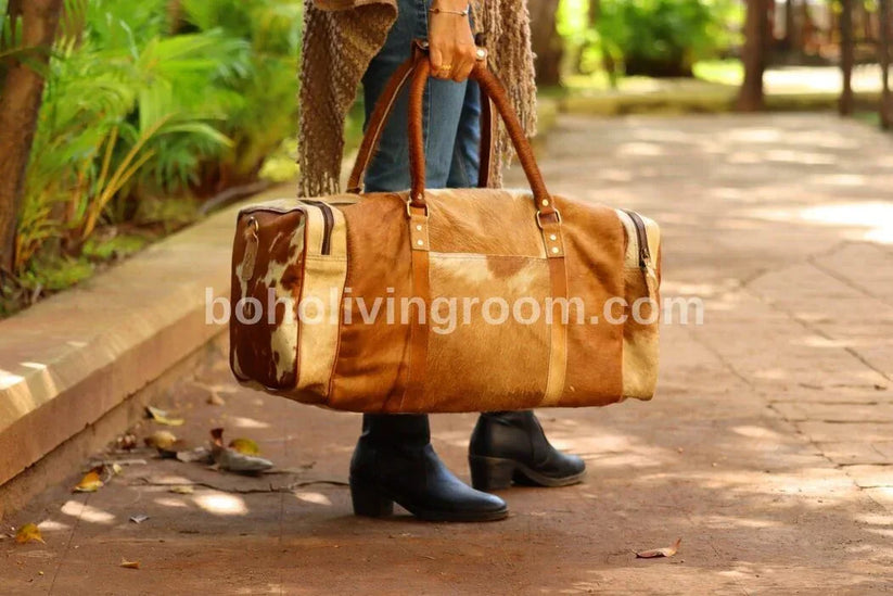 Brown White Hair On Cow Skin Weekender Bag – Boho Living Room