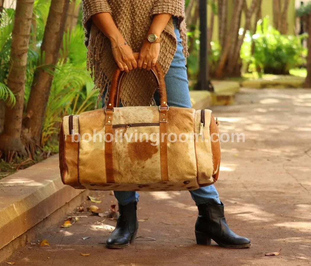 Brown White Hair On Cow Skin Weekender Bag – Boho Living Room