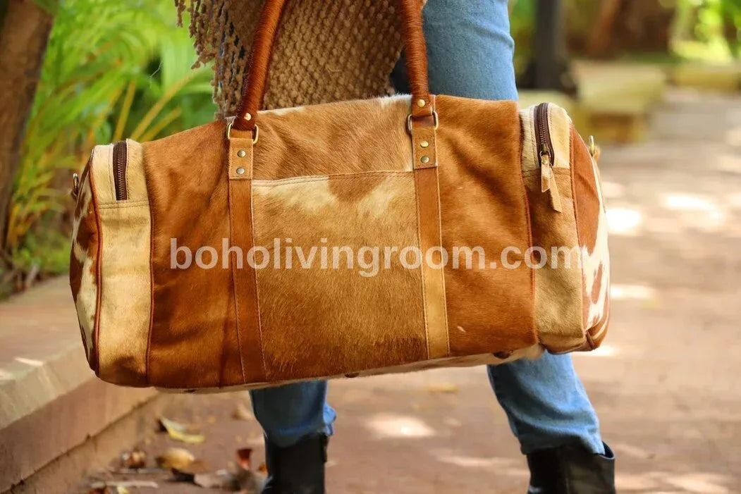 Brown White Hair On Cow Skin Weekender Bag – Boho Living Room