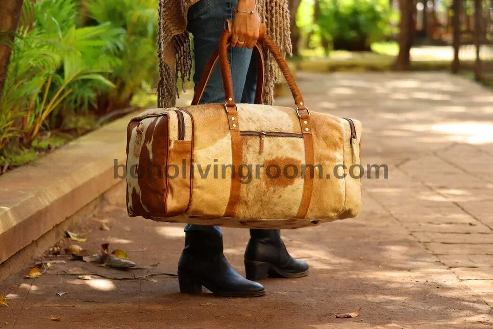 Brown White Hair On Cow Skin Weekender Bag – Boho Living Room