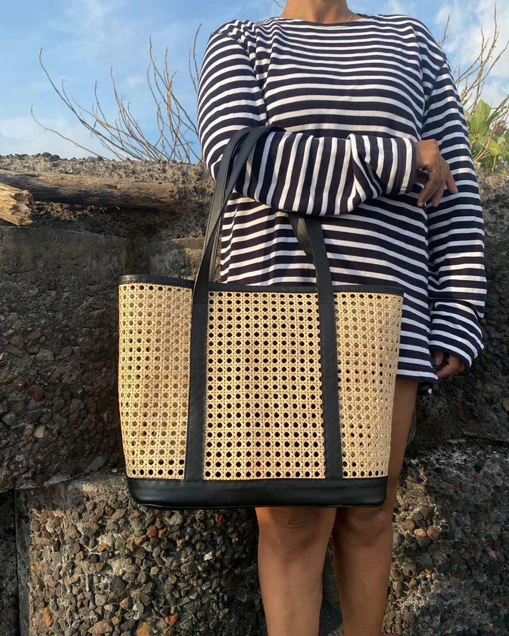 Classic Rattan Leather Tote Bag – Boho Living Room
