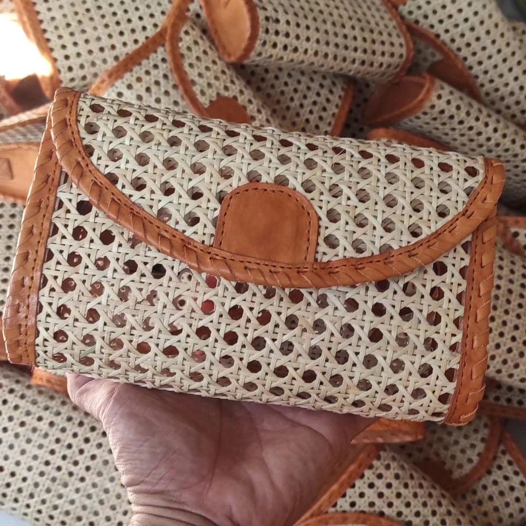 Handwoven rattan, Cane and Leather Crossbody Clutch Purse – Boho Living ...