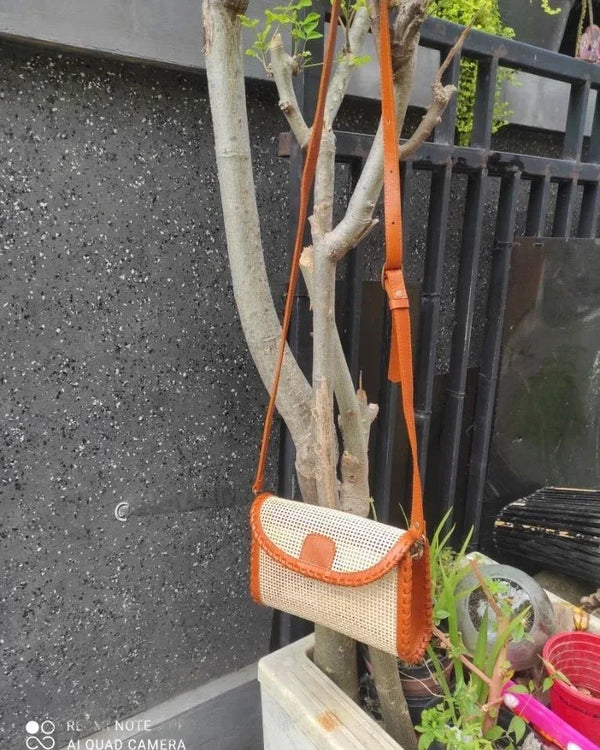 Handwoven rattan, Cane and Leather Crossbody Clutch Purse – Boho Living ...