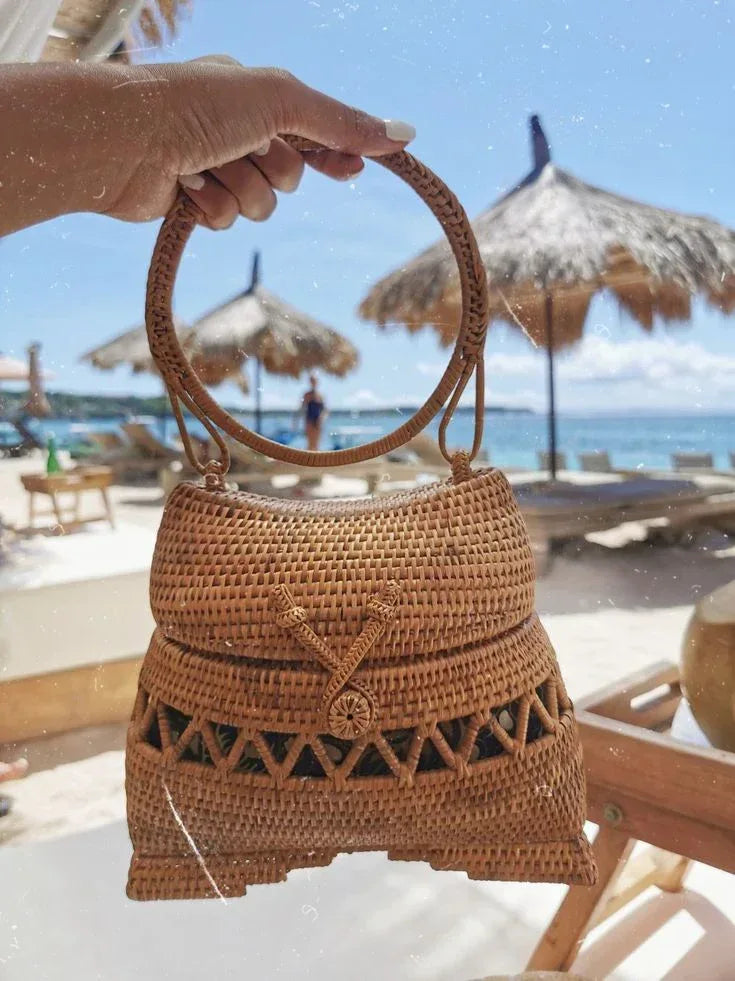 Round Handle Rattan Bag Handmade Summer Beach Purse – Boho Living Room