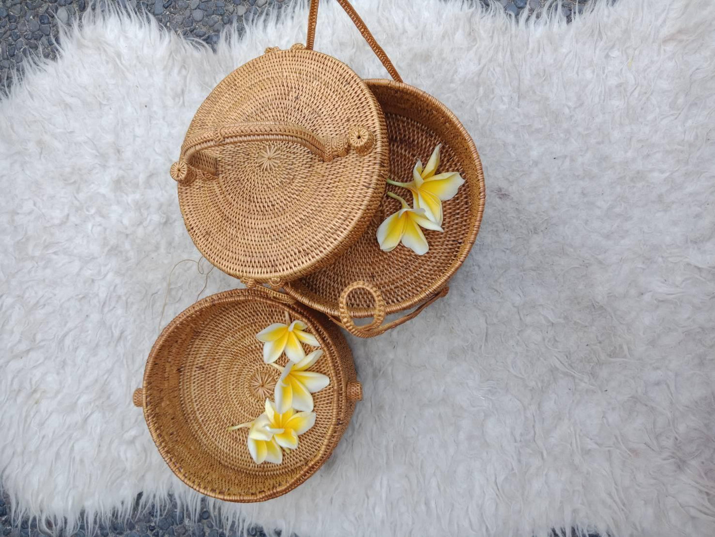 Stacked Layer Of Round Rattan Handbag Handmade – Boho Living Room