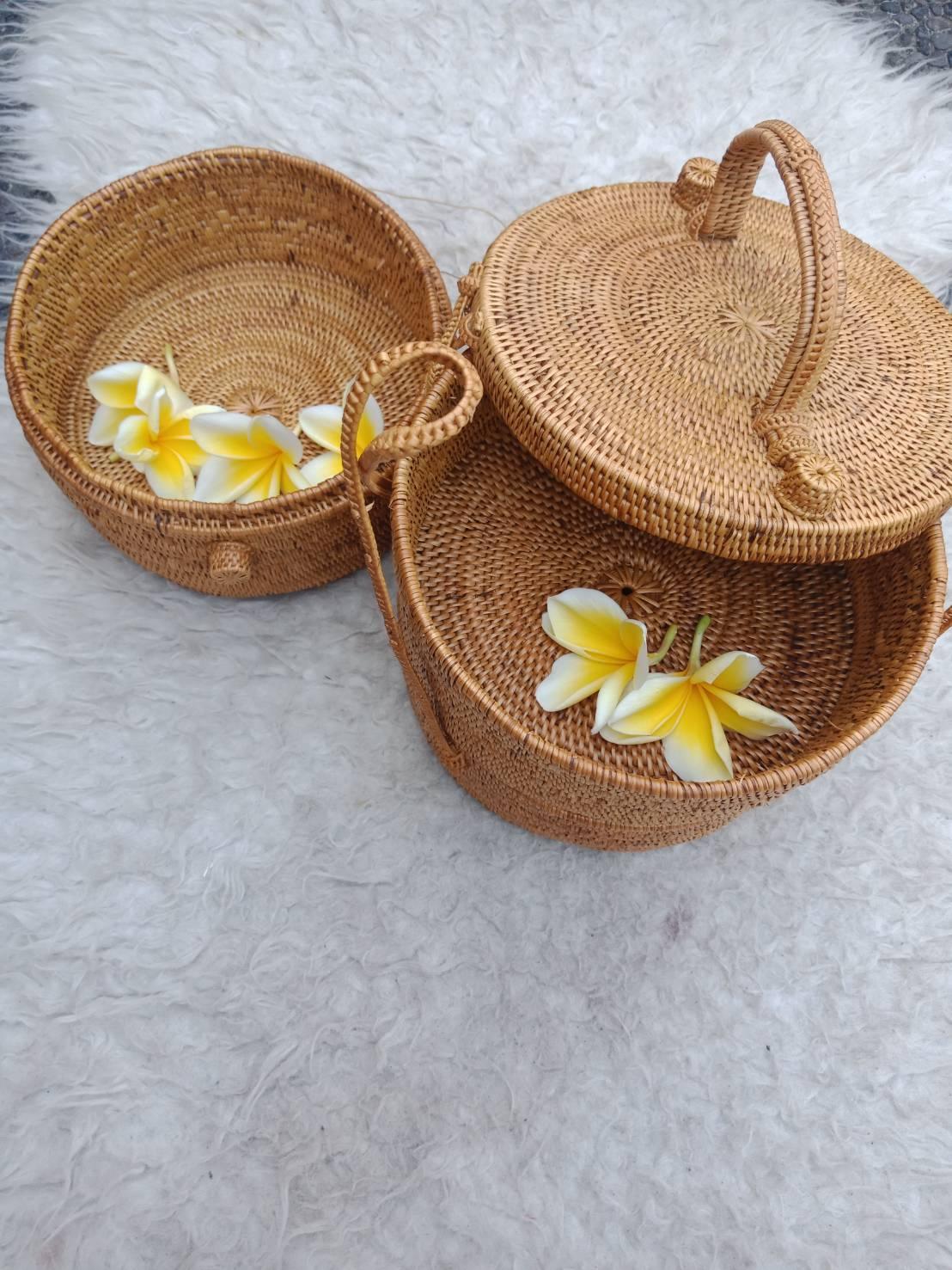 Stacked Layer Of Round Rattan Handbag Handmade – Boho Living Room