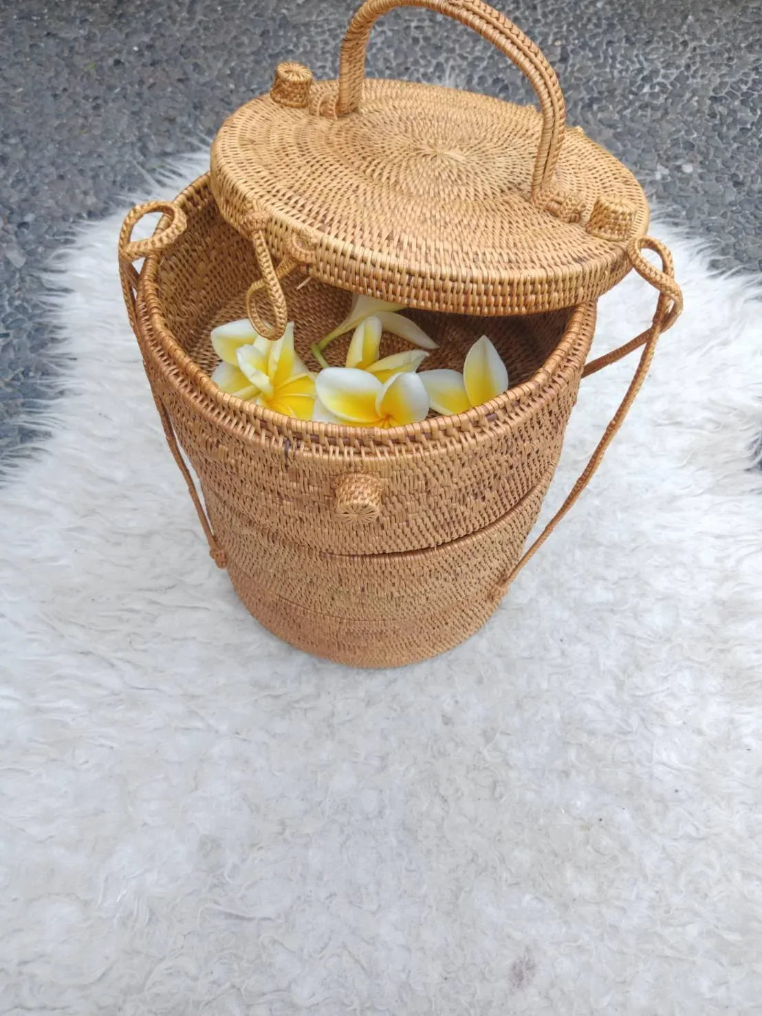 Stacked Layer Of Round Rattan Handbag Handmade – Boho Living Room
