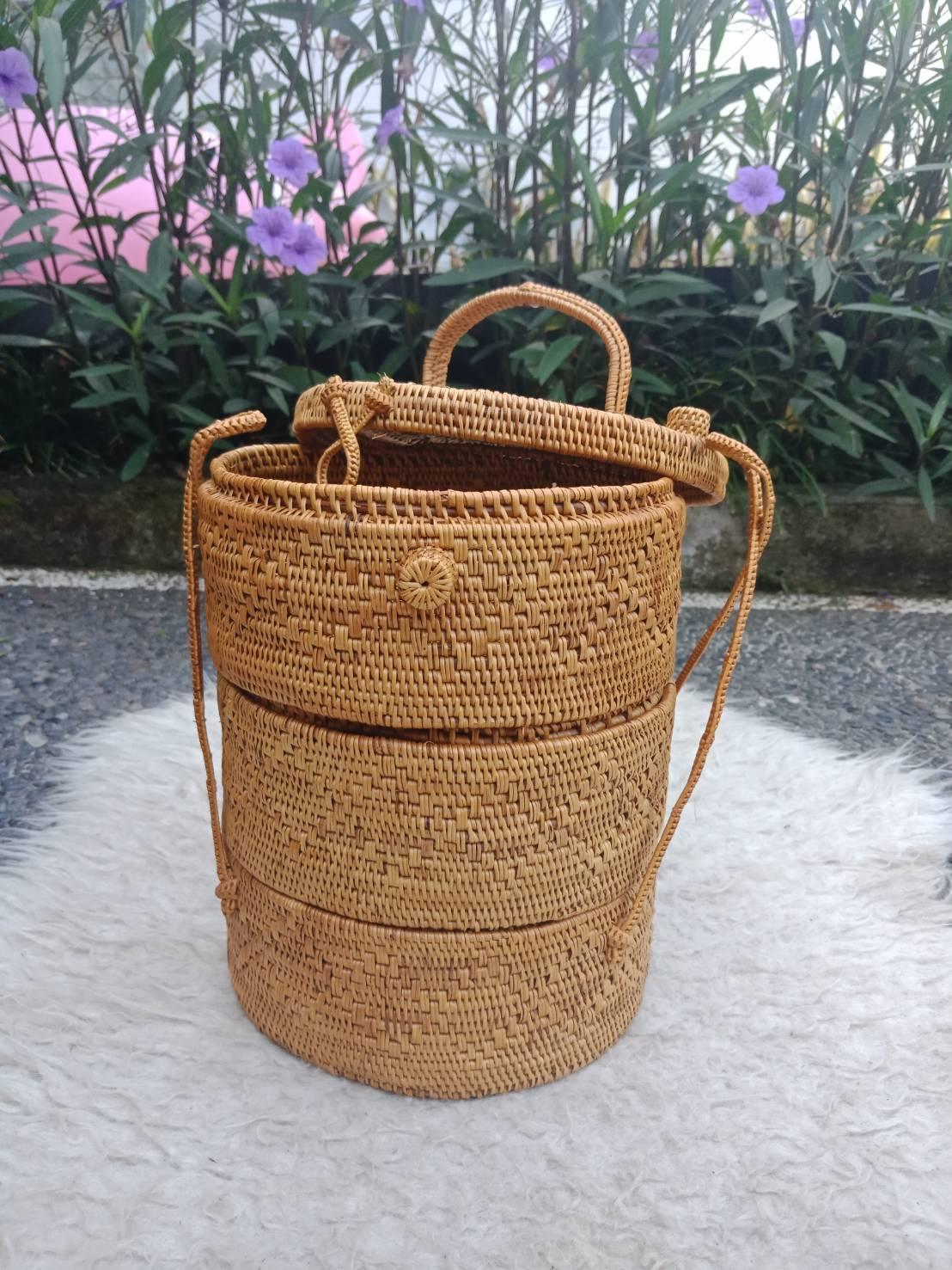 Stacked Layer Of Round Rattan Handbag Handmade – Boho Living Room
