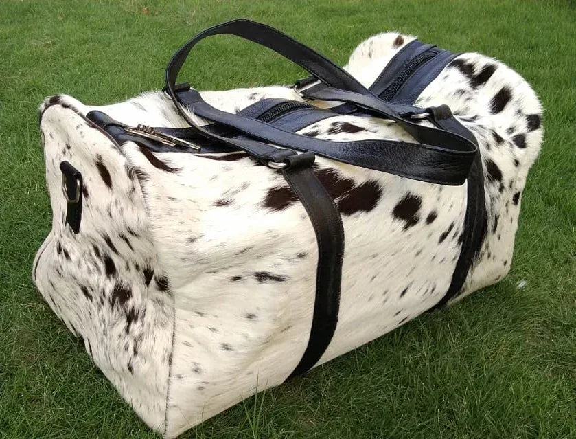 Beautiful Cow Skin Duffle Bag Spotted Black White – Boho Living Room